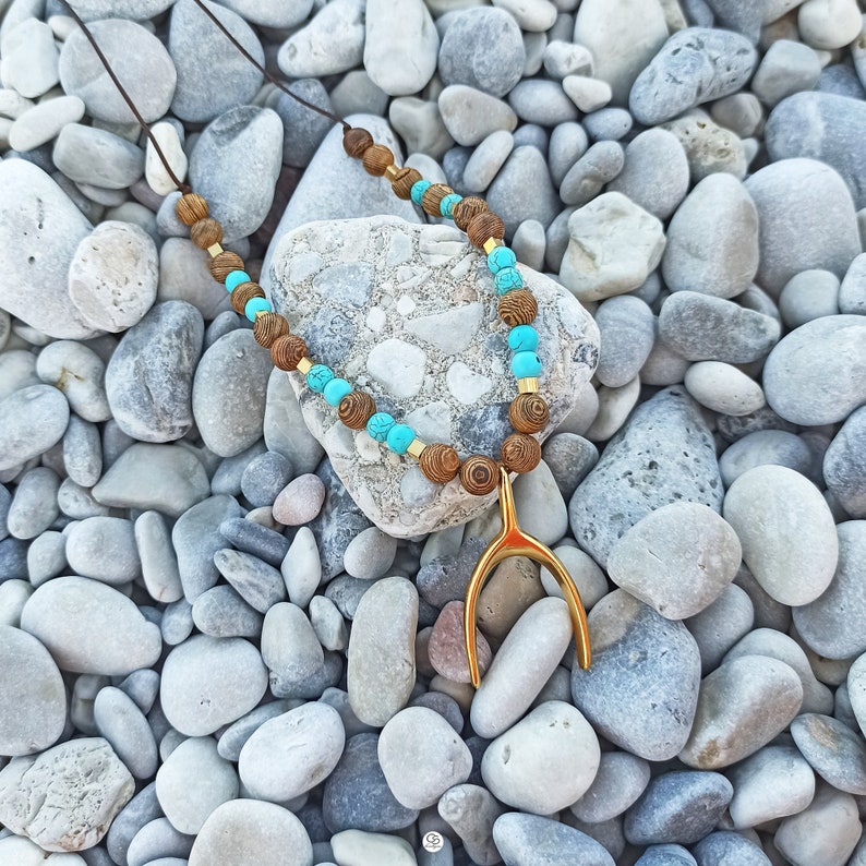 Gold Wishbone Necklace Wooden Bead Necklace Turquoise - Etsy