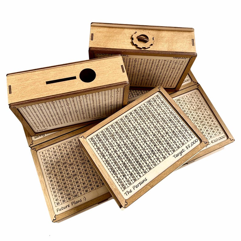 Personalized Wooden Savings Tracker Box – Custom Piggy Bank Goals Box ...