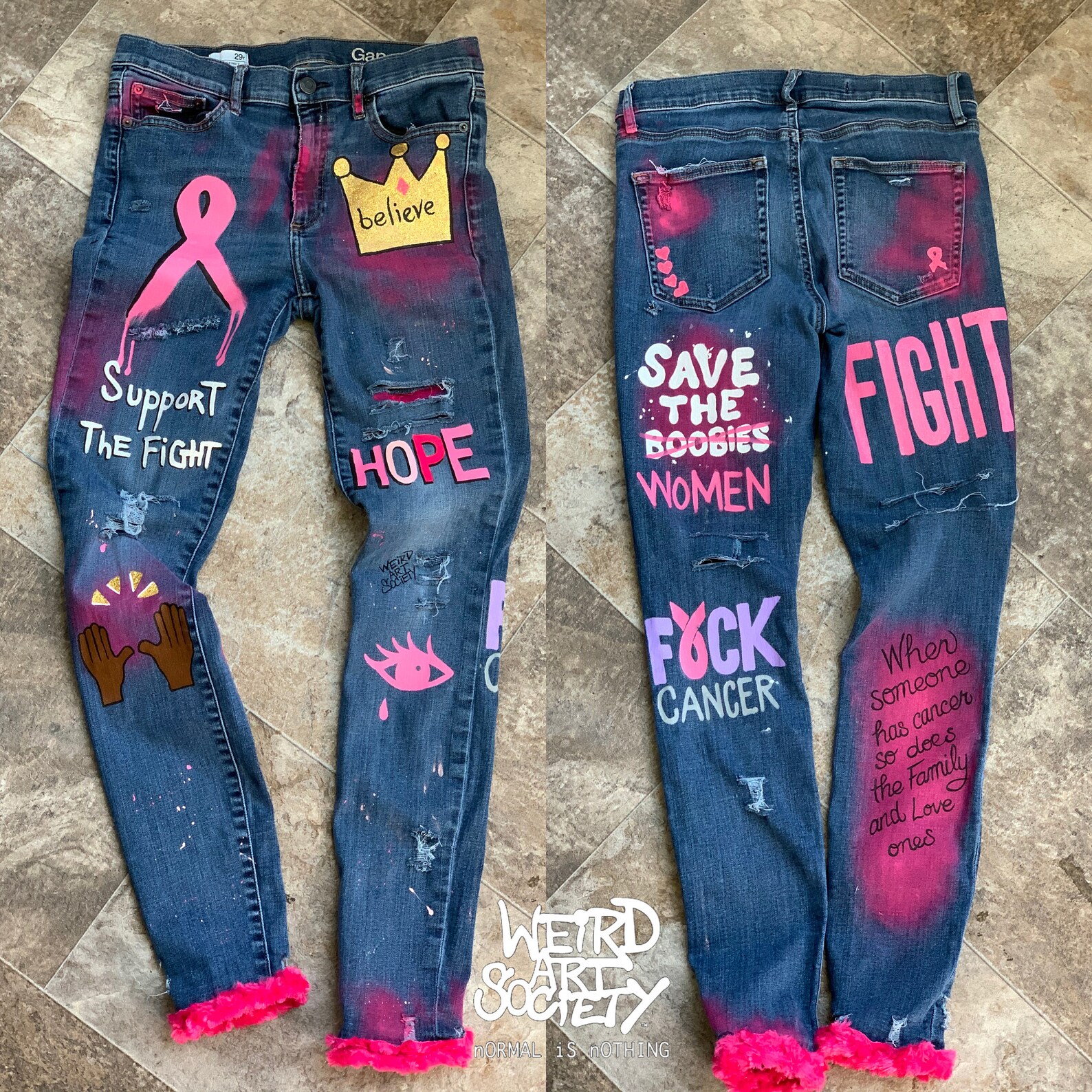 Women Jeans Ripped Vintage Denim Breast Cancer Awareness Support - Etsy
