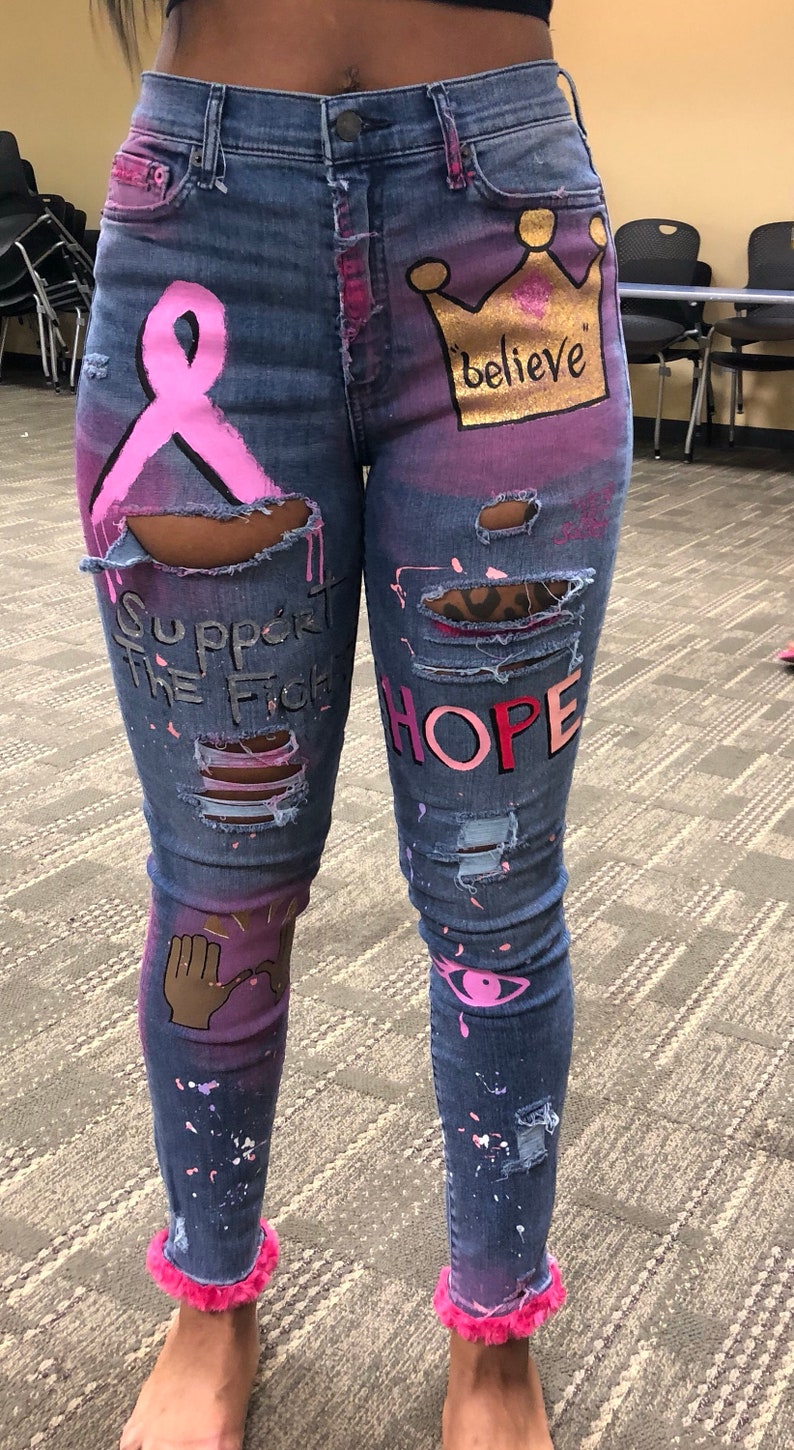 Women Jeans Ripped Vintage Denim Breast Cancer Awareness Support - Etsy