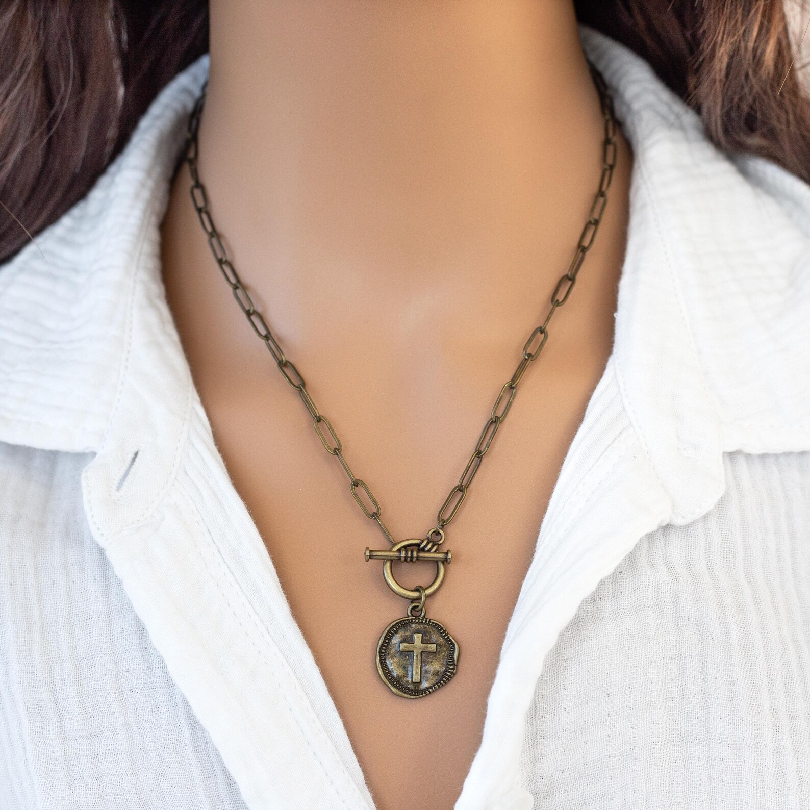 Antiqued Bronze Large Paperclip Chain Toggle Necklace With Cross Coin ...