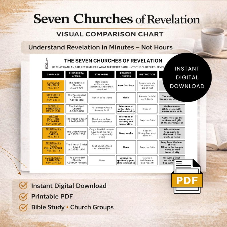 Seven Churches of Revelation Printable Chart | Bible Study Guide PDF ...