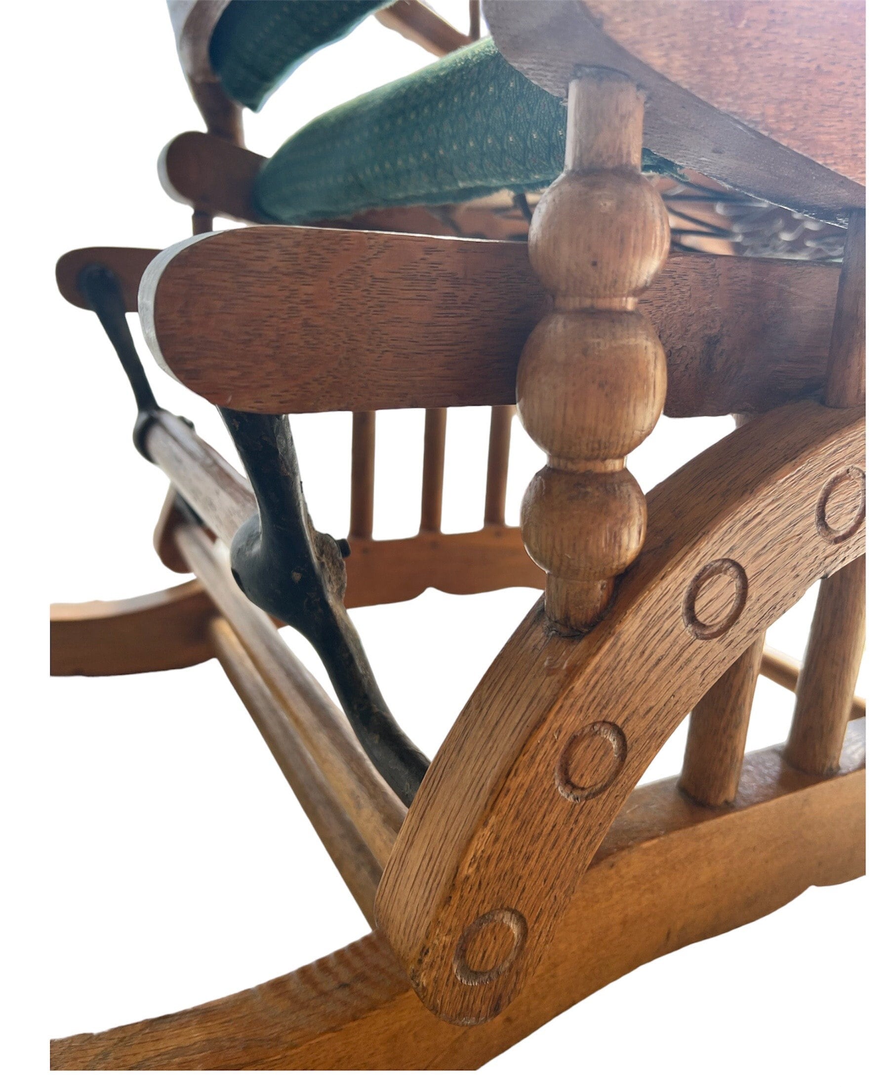 1800s Antique Glider Rocking Chair Oak With Green Cushions Cast Iron ...