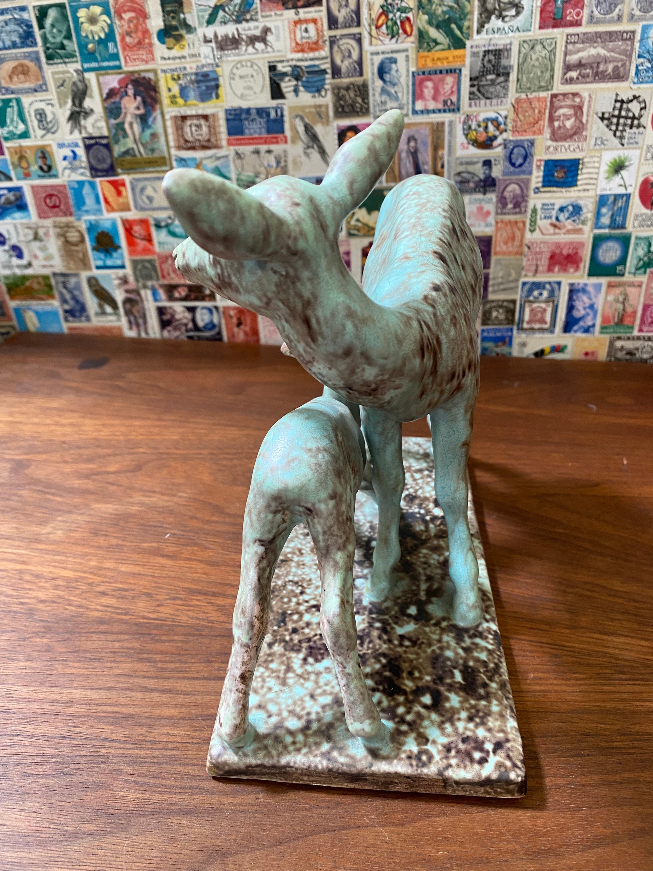 Antique Goldscheider Wien Austria Porcelain Deer and Baby. Doe in Green ...