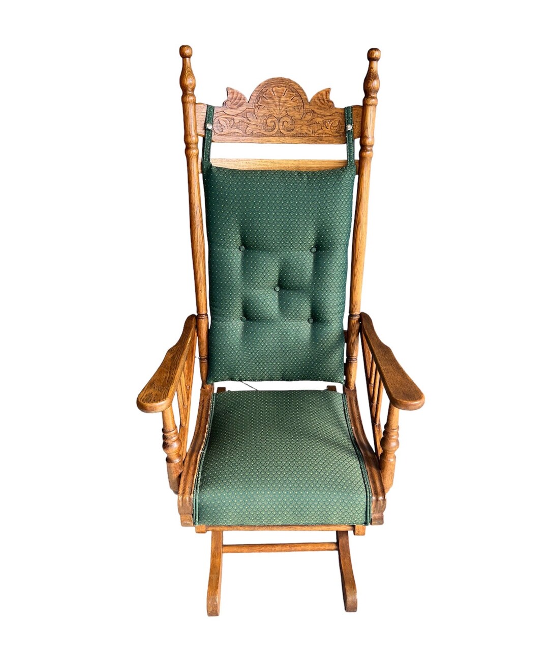1800s Antique Glider Rocking Chair Oak With Green Cushions Cast Iron ...