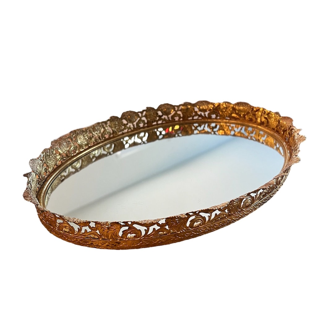 Vintage Filigree Large Oval Gold Tone Vanity Tray With Mirror. - Etsy