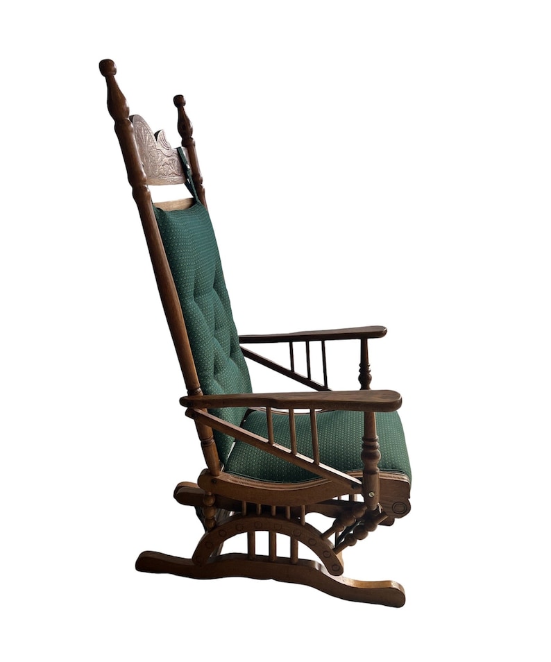 1800s Antique Glider Rocking Chair Oak With Green Cushions Cast Iron ...