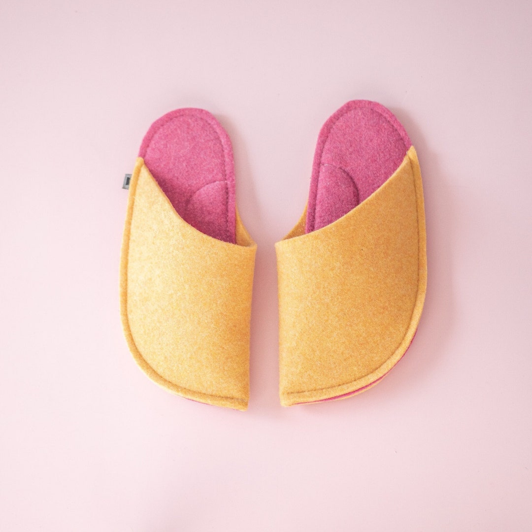 Wool Felt Slippers: Peach Yellow House Shoes, Arch Support - Etsy