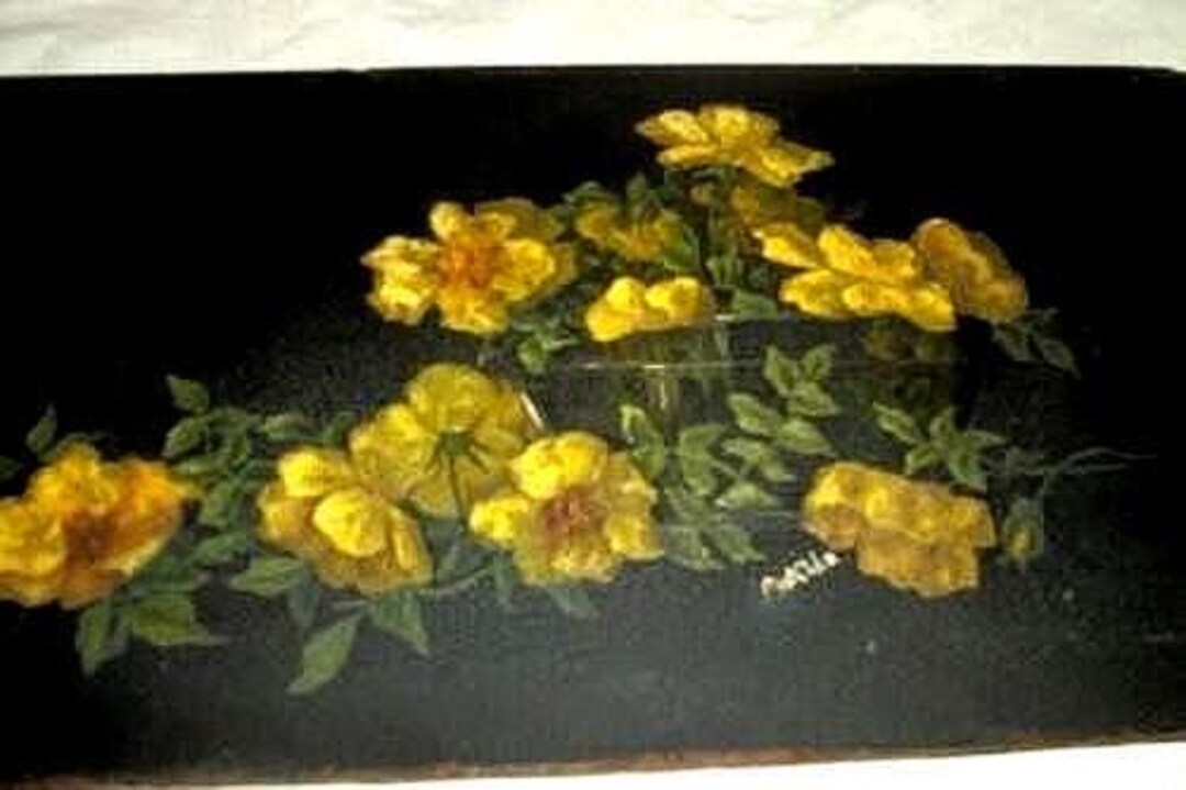 Antique Victorian 1880s Floral Oil Painting Wood Panel Yellow Flowers ...