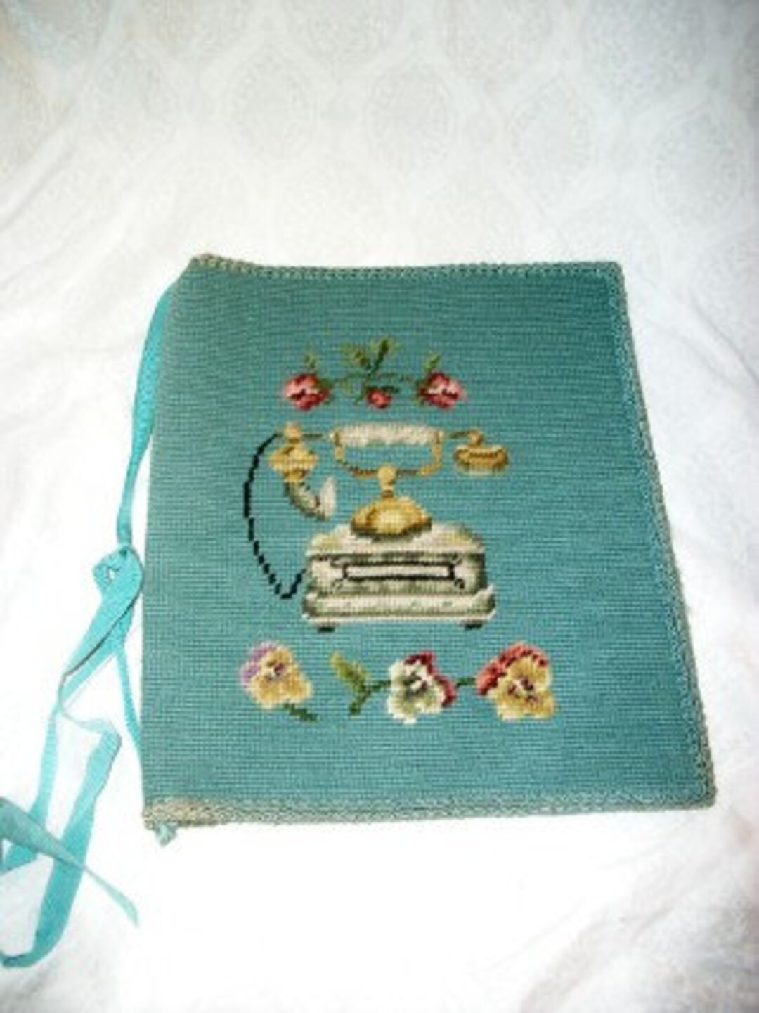 Mid Century Aqua Needlepoint Phone Book Cover Telephone Roses Pansies ...
