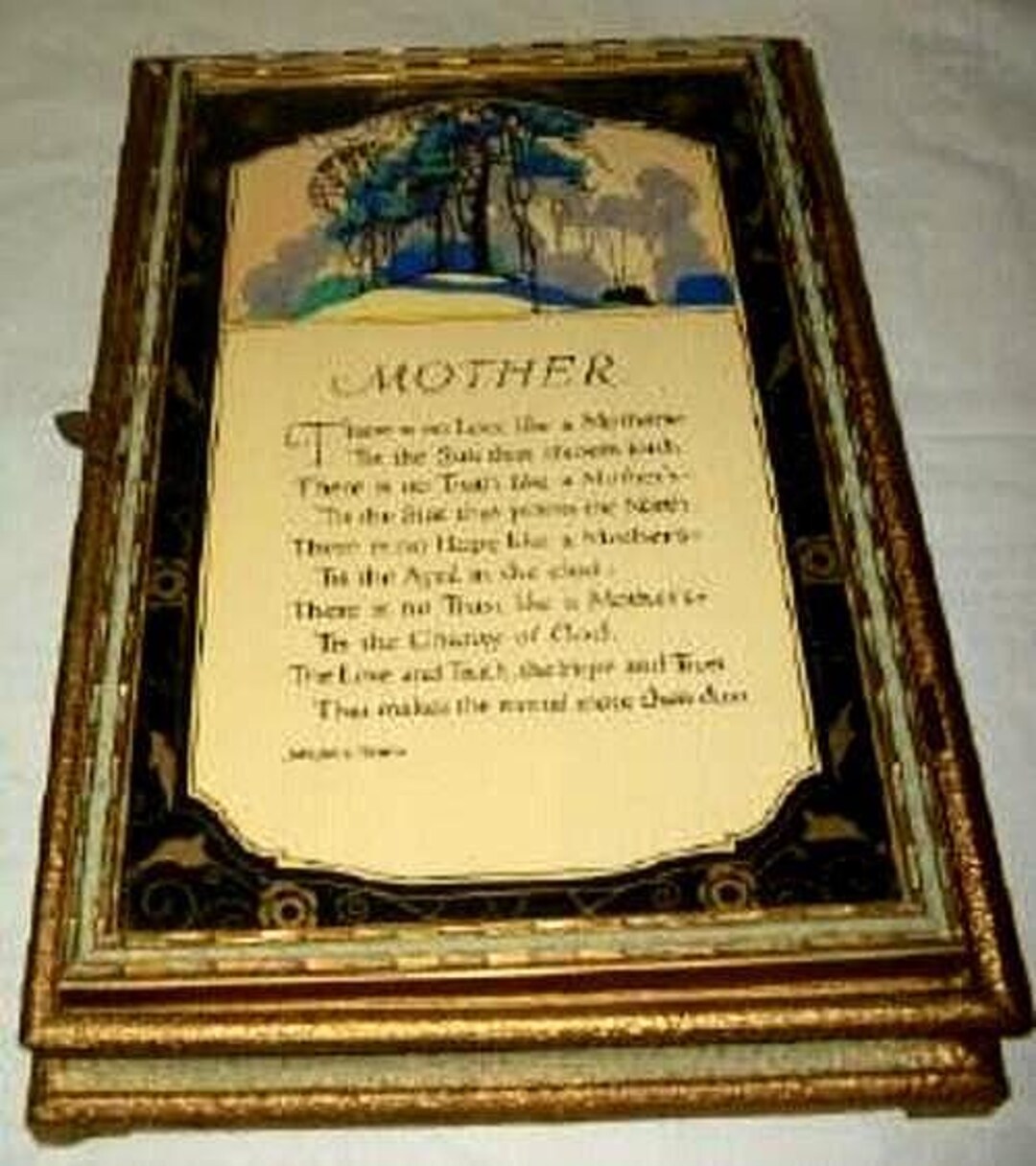 Antique Dresser Box Mother Motto Reverse Glass Art Deco Textured Gilt ...
