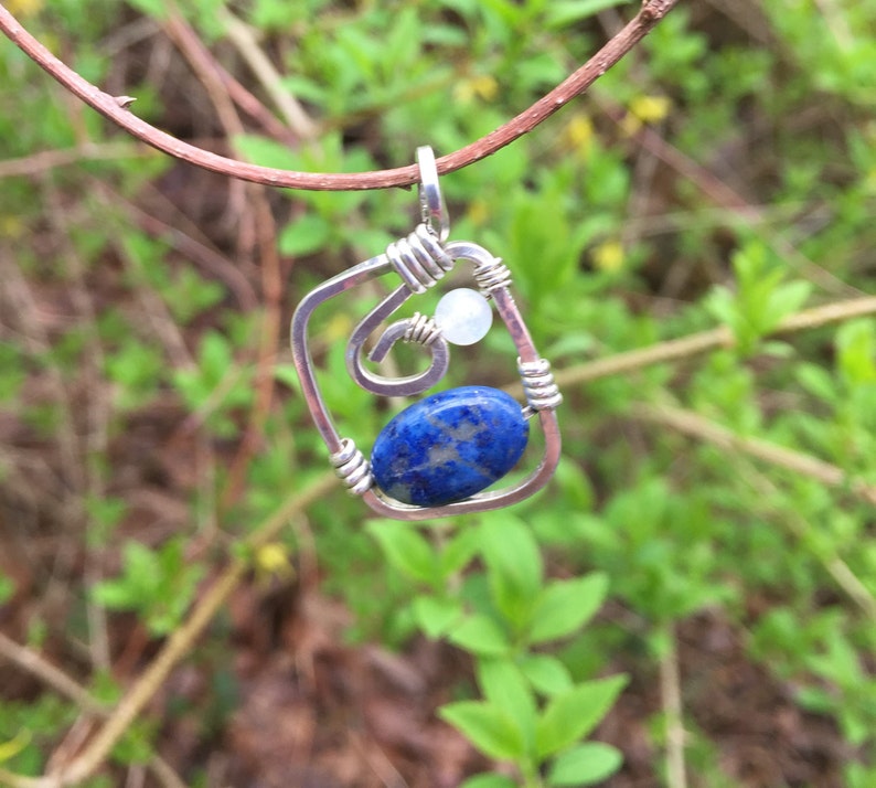 Sterling Silver Wire Wrapped Rectangle Lapis Lazuli and Moonstone Beads ...