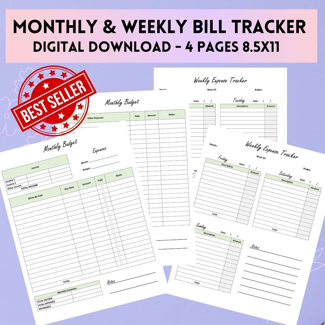 4 Pages Printable Budget Monthly Budget Weekly Budget - Etsy