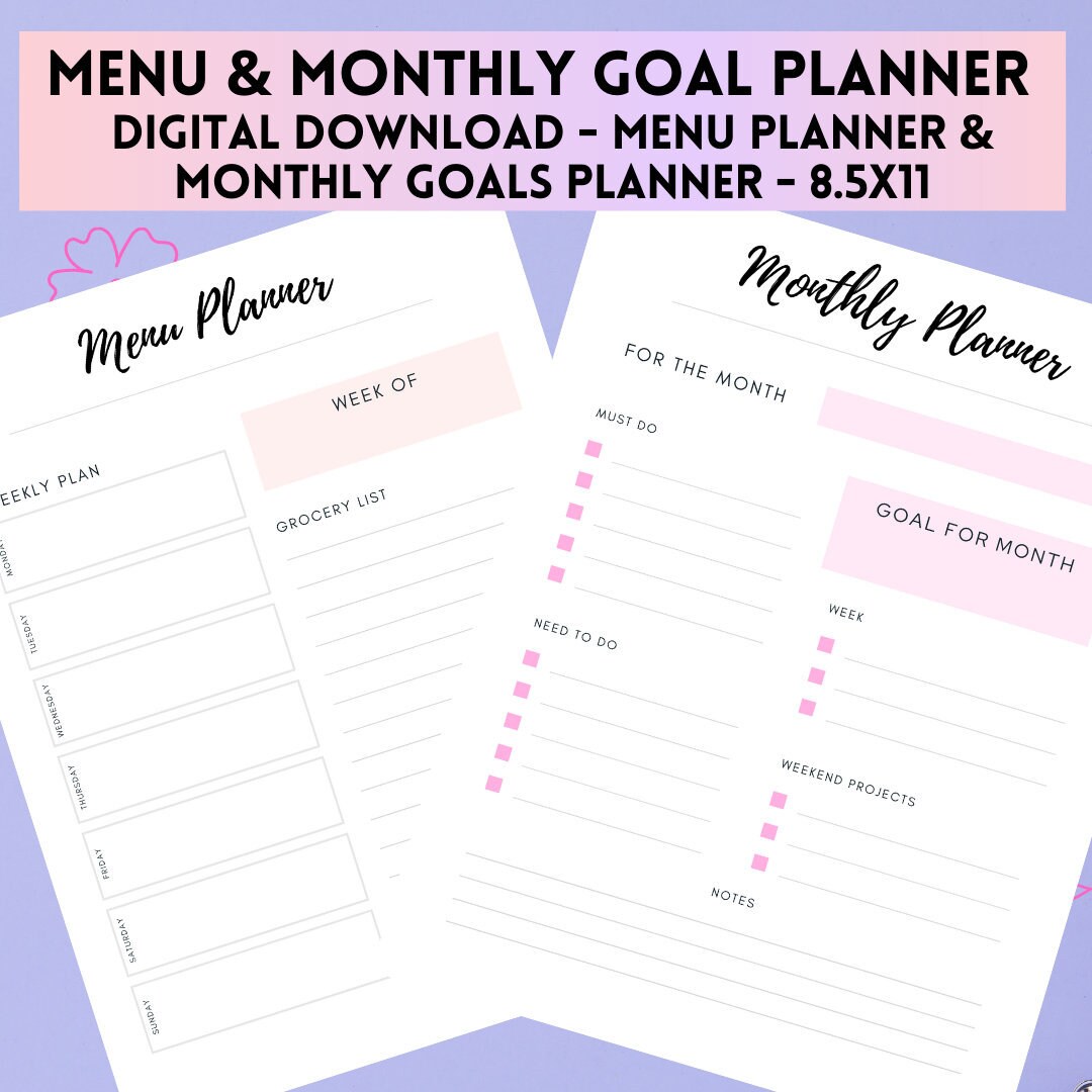 Menu Planner - Monthly Goal Planner - DIGITAL DOWNLOAD - Printable for ...