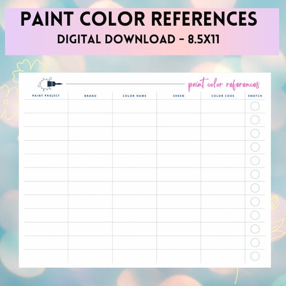 Paint Color Reference Tracker Paint Swatches DIGITAL - Etsy