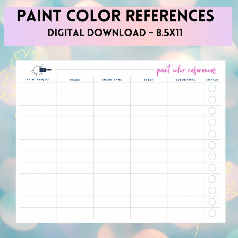 Paint Color Reference Tracker Paint Swatches DIGITAL - Etsy
