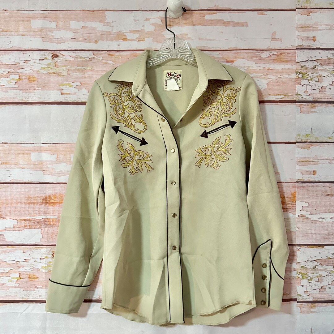 Vintage H Bar C Ranchwear Pearl Snap Western Shirt Size 34 Beige Gold ...