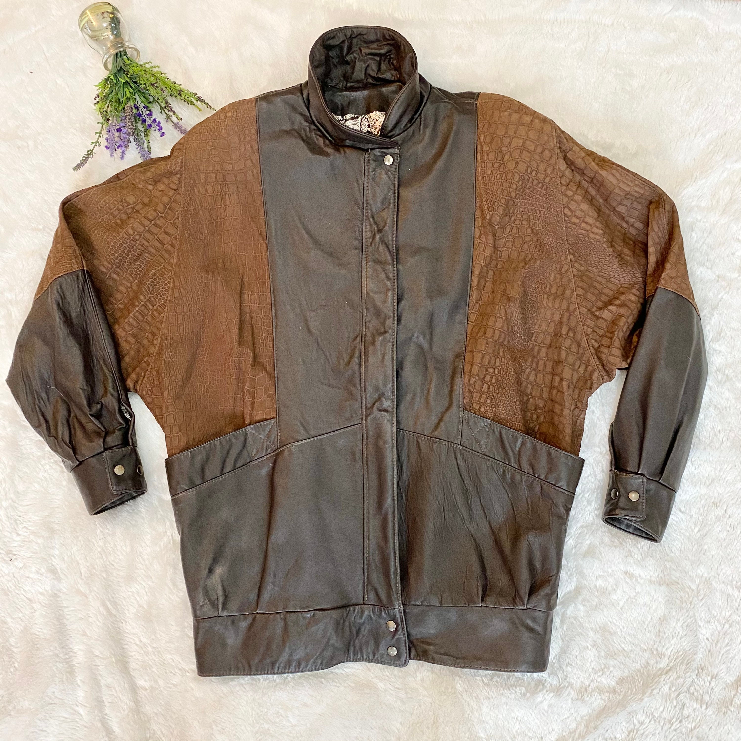 Vintage 80s Brown Croc Embossed Chaqueta de cuero - streetwear casual ...