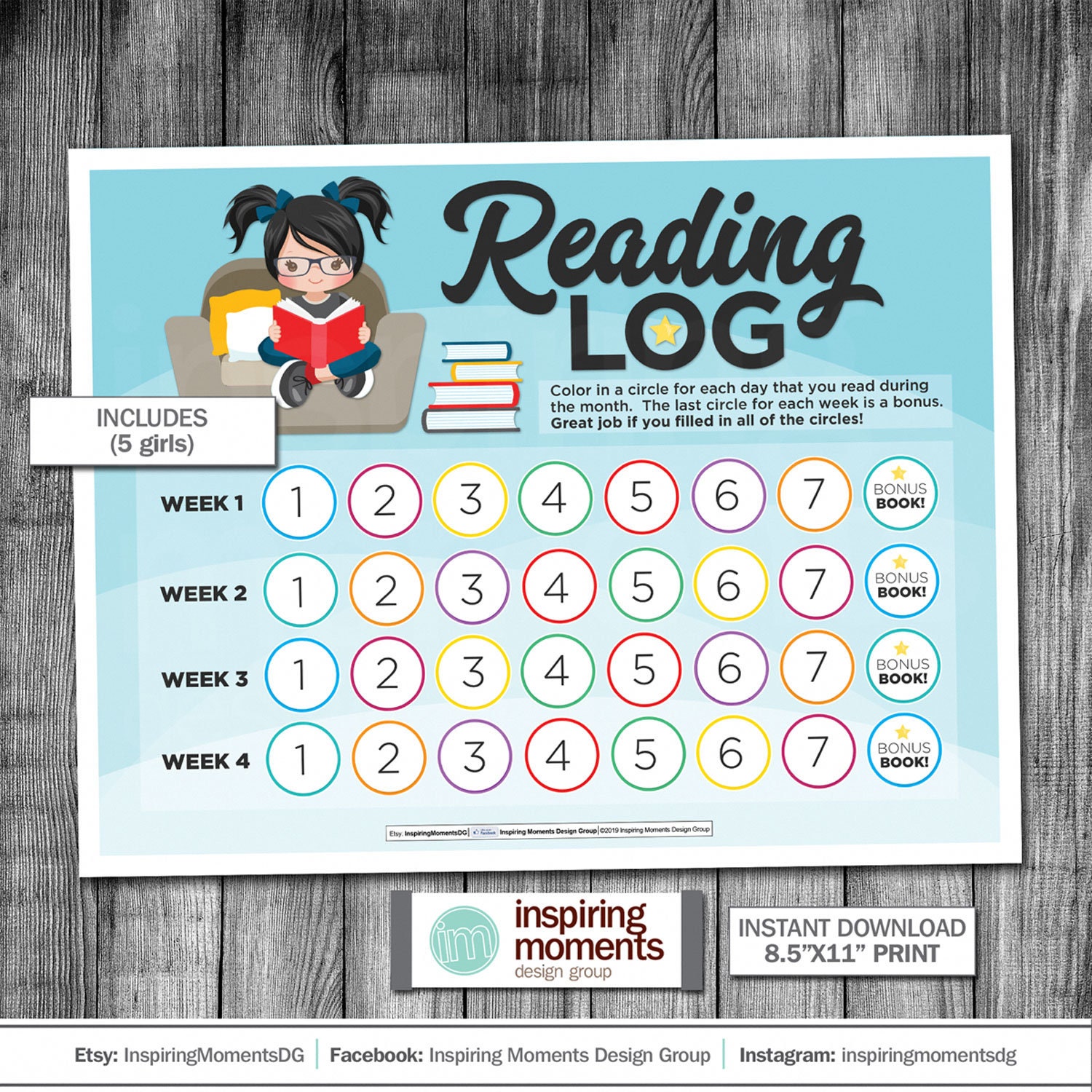 Reading Log Sheet Girl Books Print Monthly Reading Log | Etsy