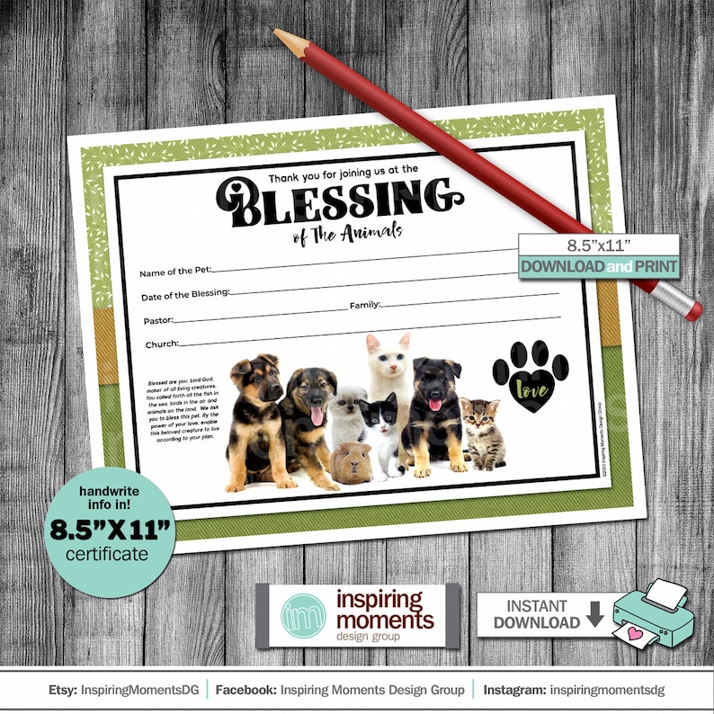 Pet Blessing Certificate: Catholic, Lutheran, Animals (printable 8.5x11 ...