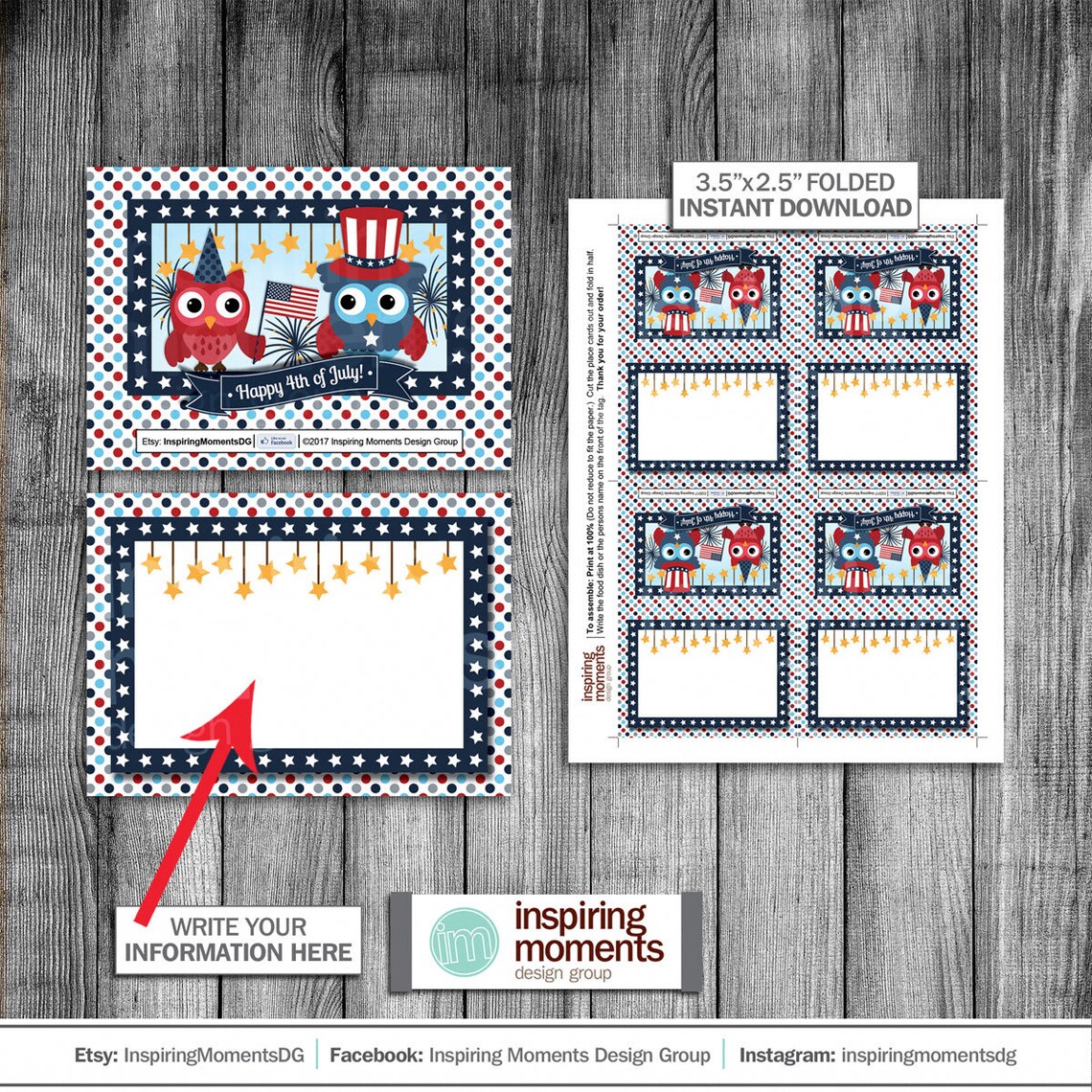 Patriotic Placecards 4th of July Place Cards Owl Fourth | Etsy
