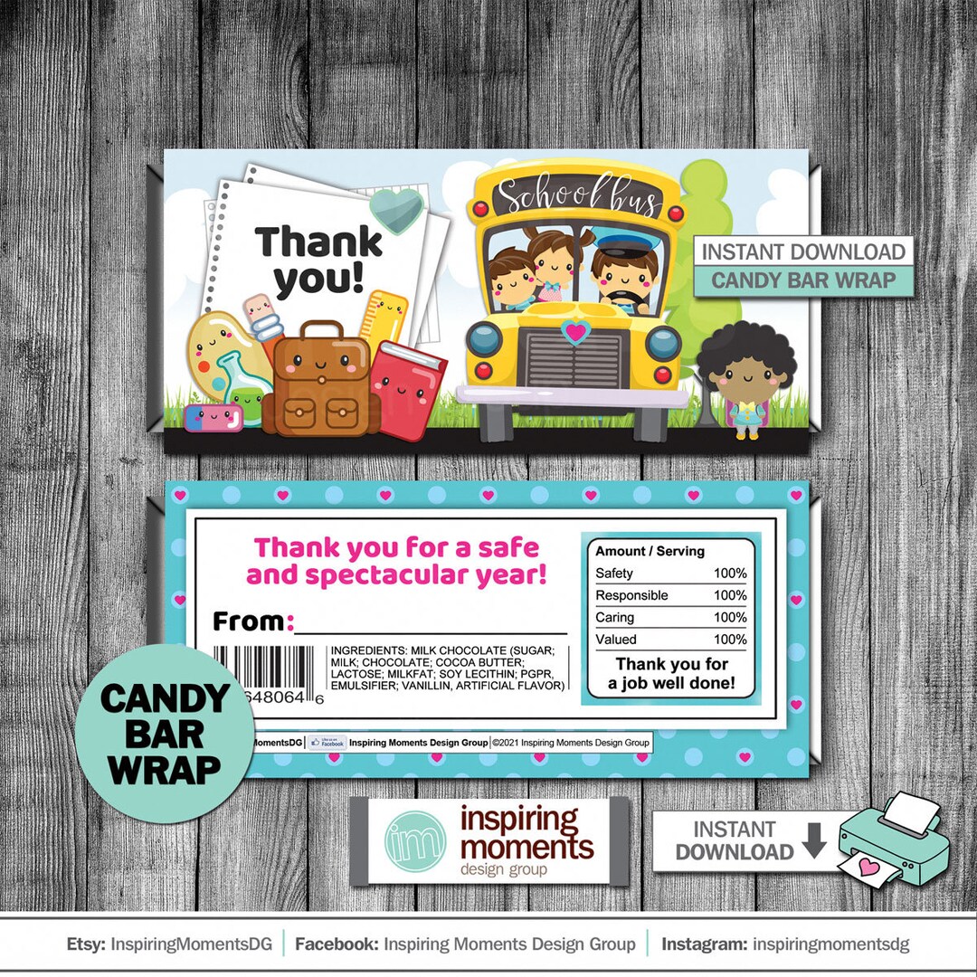 School Bus Thank You Candy Bar Wrap End of the School Year Bus Driver ...