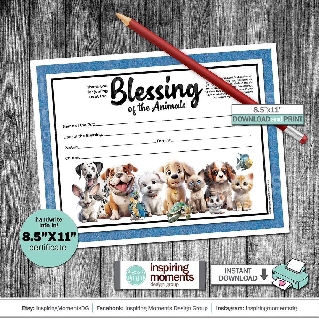 Pet Blessing Certificate: Animals Keepsake Print (8.5x11) (PDF & JPG ...