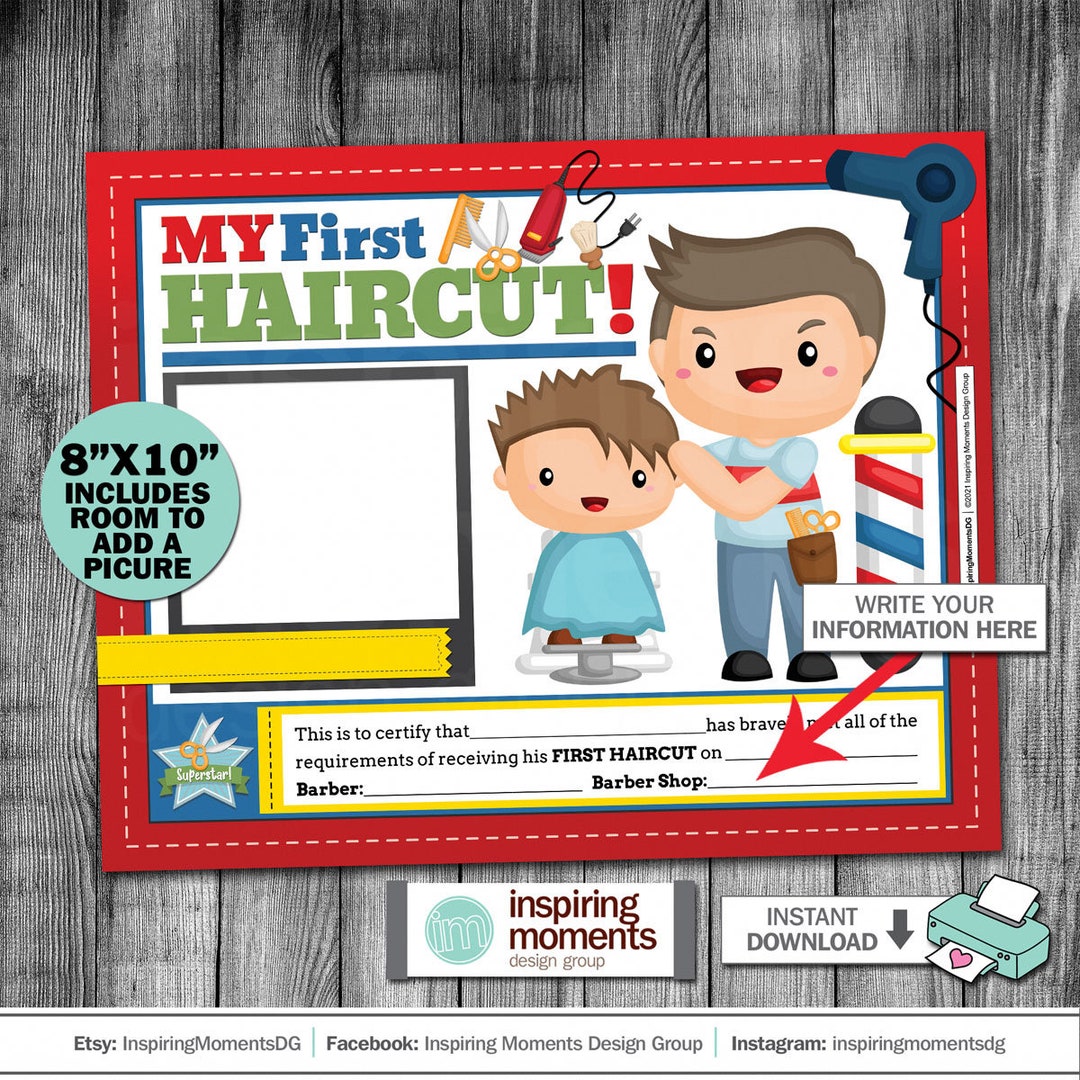 First Haircut Certificate, Sign, Print, Boy, Little Man, Salon, Barber ...