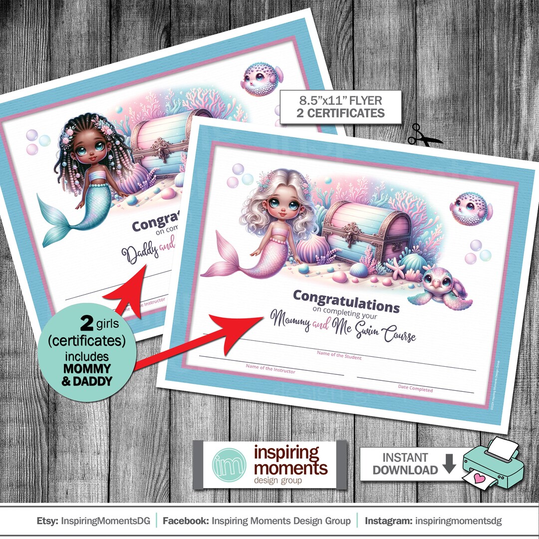 Swim Lesson Certificate, Mermaid, Mommy and Me Swim Classes, Daddy and ...