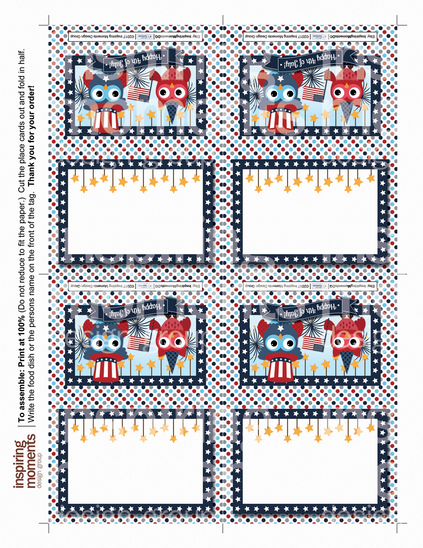 Patriotic Placecards 4th of July Place Cards Owl Fourth | Etsy