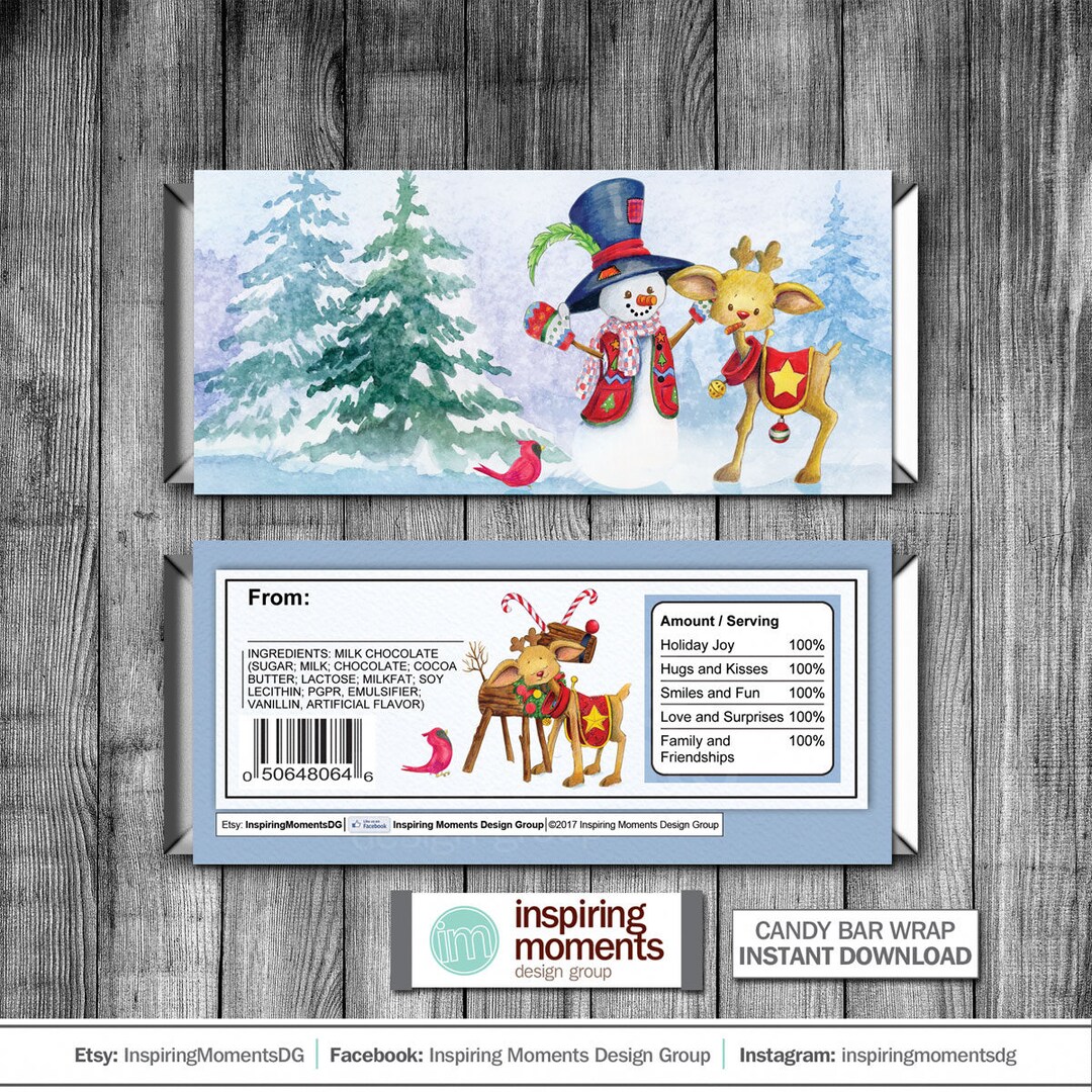 Winter Snowman and Reindeer Candy Bar Wrap, Christmas, Happy Holidays ...