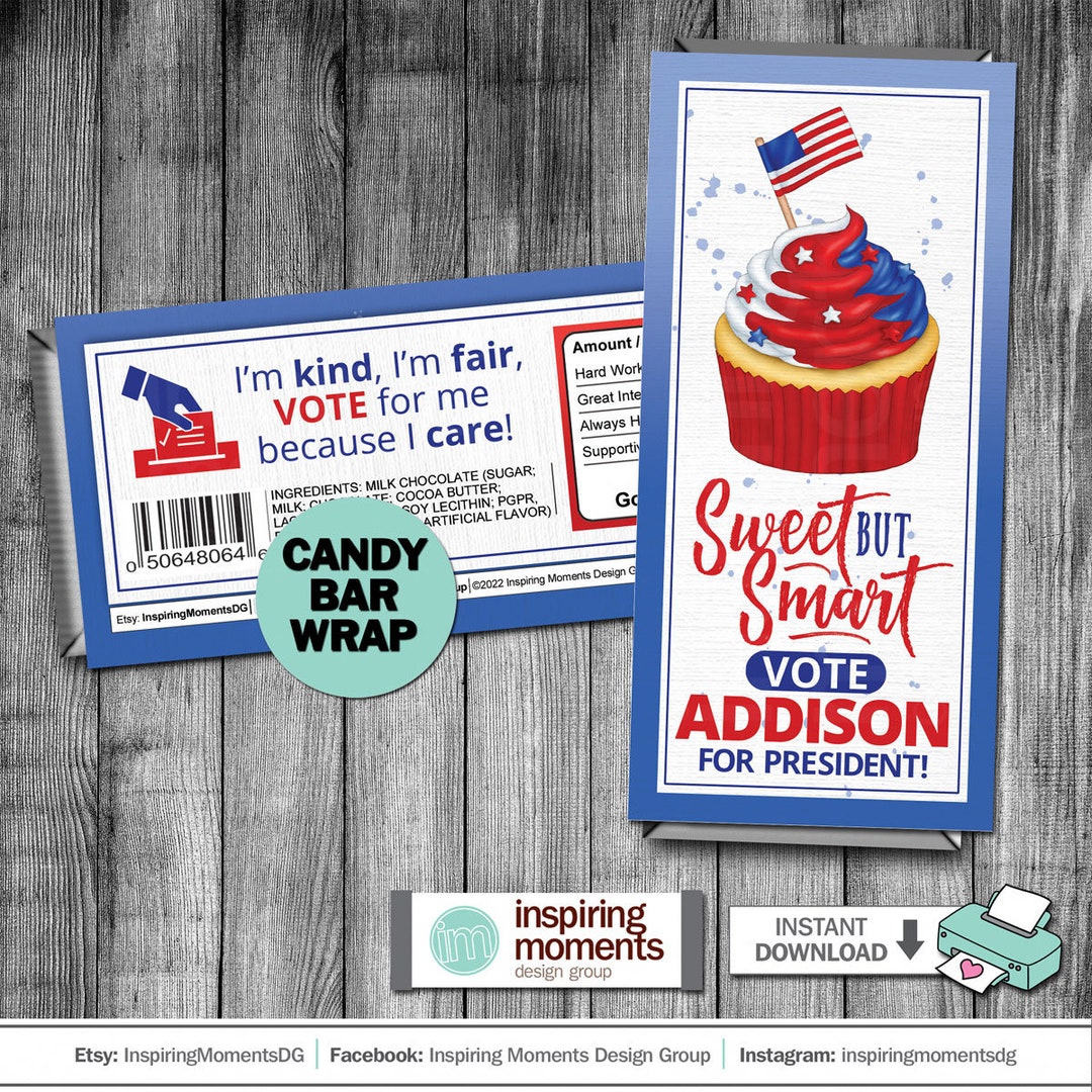 School Elections Candy Bar Wrappers, Sweet but Smart, Cupcake, Vote ...