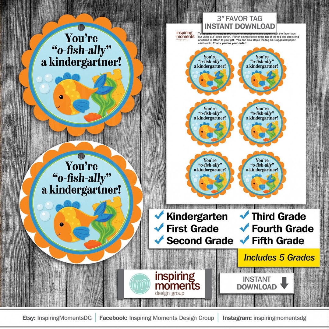 School Favor Tag, You're O-fish-ally A Kindergartner, First Grader ...