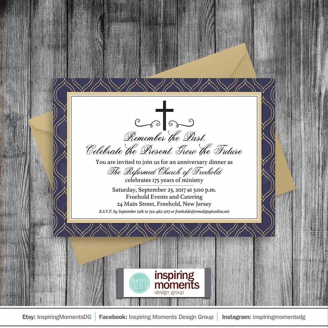Navy and Gold Cross Invitation: Customized Church Anniversary, Baptism ...