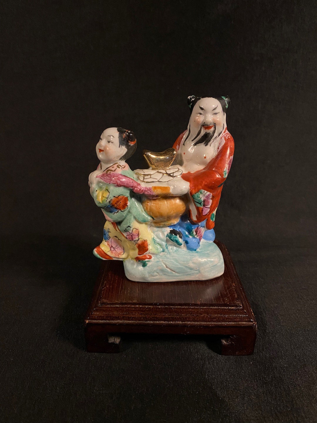 Chinese Porcelain Figurine Man and Boy With Bag of Gold - Etsy