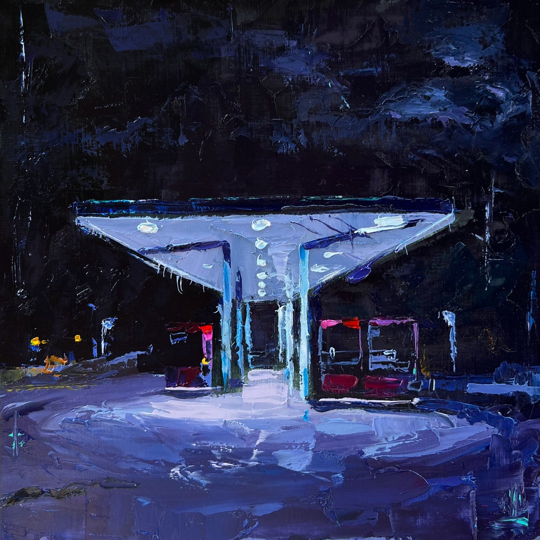 Night Gas Station Art Print | Purple Nocturne, Palette Knife Painting ...