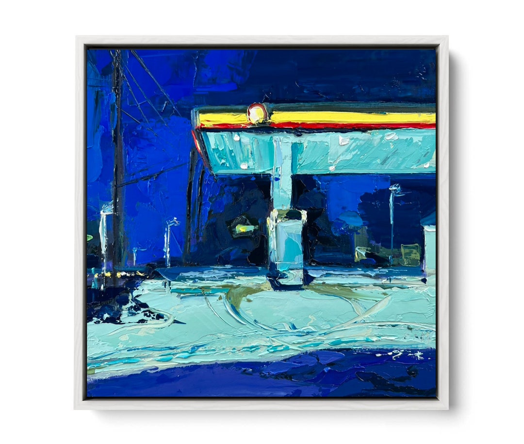 Blue Abstract Art Print of Gas Station at Night | 100% Cotton Photo Rag ...