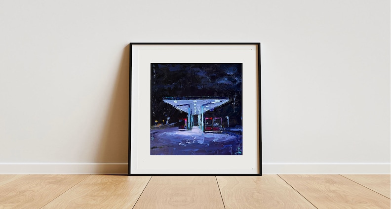 Vintage Purple Gas Station at Night Art Print | Original Art of Petrol ...