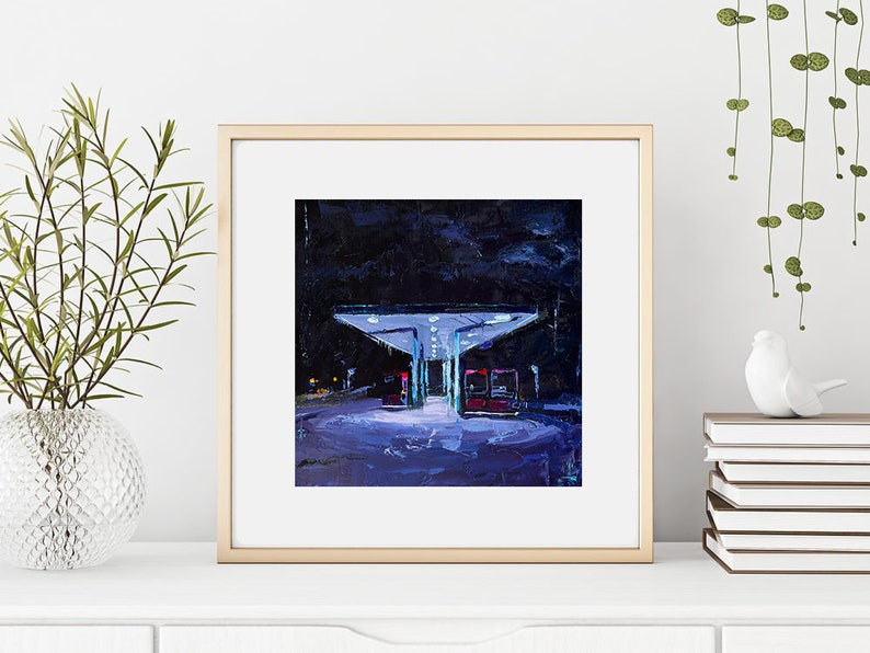 Vintage Purple Gas Station at Night Art Print | Original Art of Petrol ...