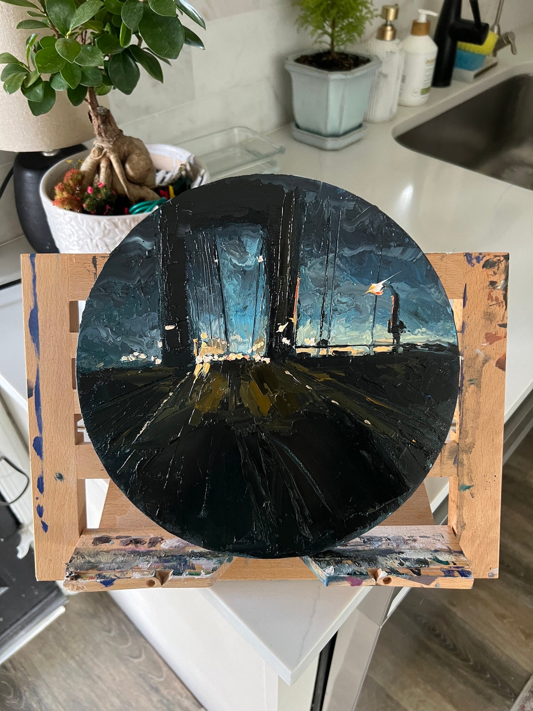 Pallet Knife Oil Painting of Cityscape Bridge at Night. Impasto Oil ...