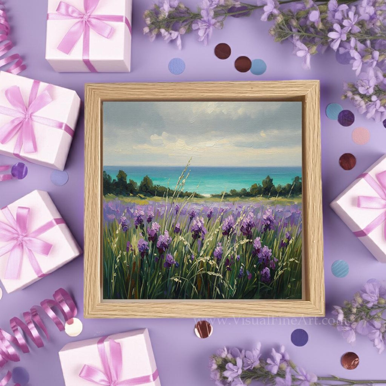 Impressionist Meadow Painting | Purple Wildflowers & Sea View | Serene ...