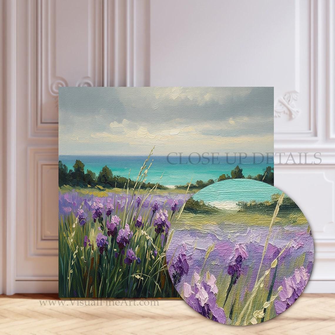 Impressionist Meadow Painting | Purple Wildflowers & Sea View | Serene ...