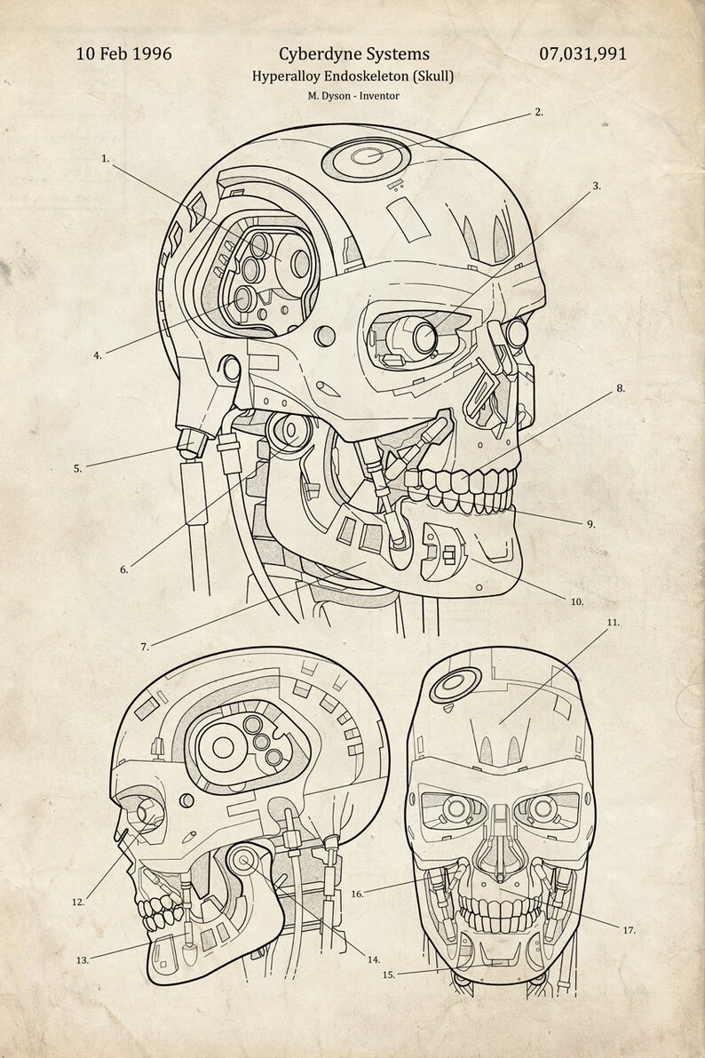Terminator Endoskeleton Skull Patent Geek Decor Patent | Etsy