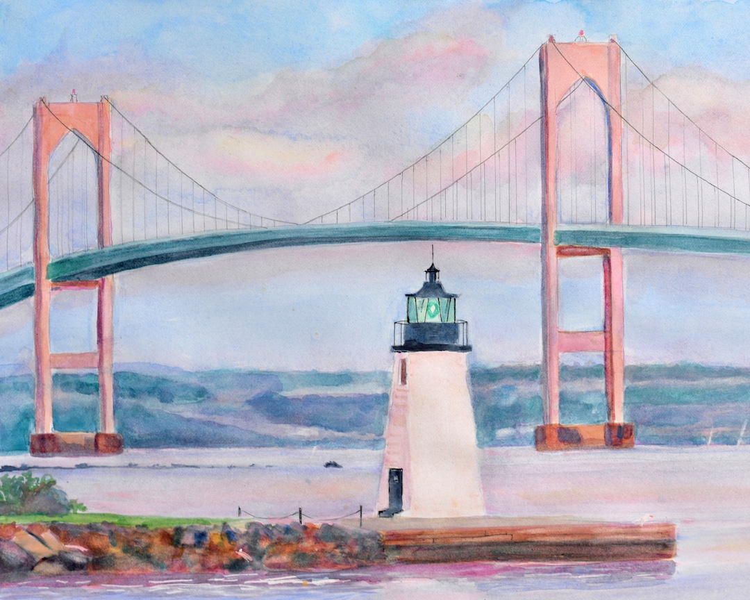 Newport Bridge 12x18 and Goat Island Lighthouse Original Unframed ...