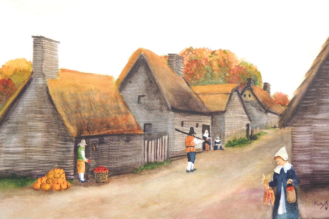 Thanksgiving Print of Pilgrims Working on Main Street at the Plimoth ...