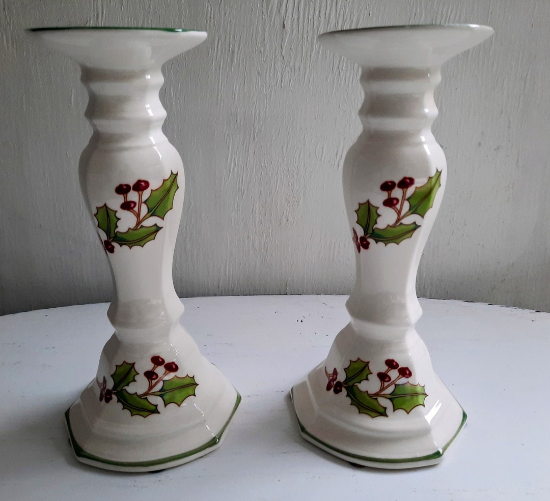 Pair of White Christmas Candlesticks by Sango - Etsy