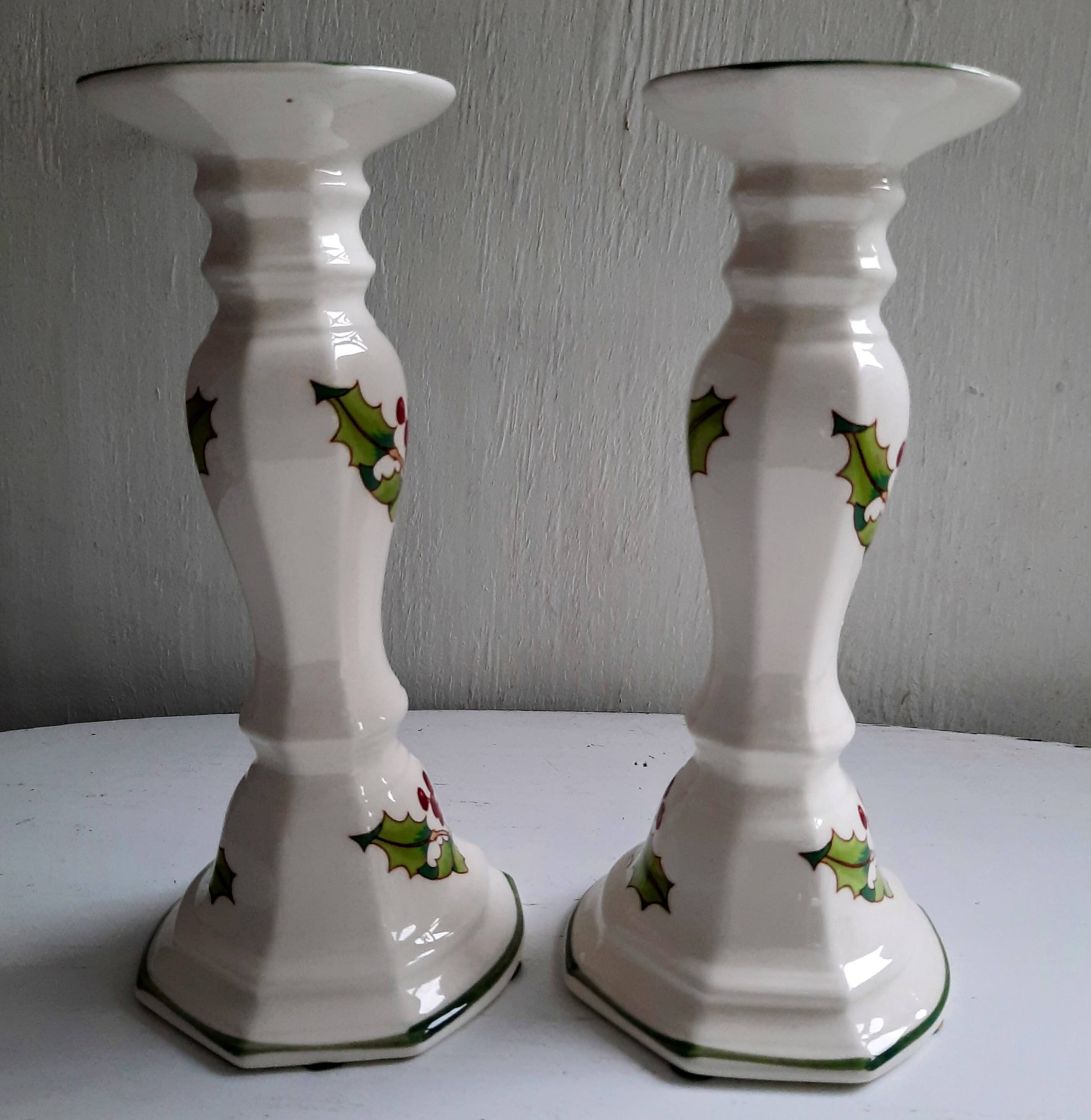 Pair of White Christmas Candlesticks by Sango - Etsy