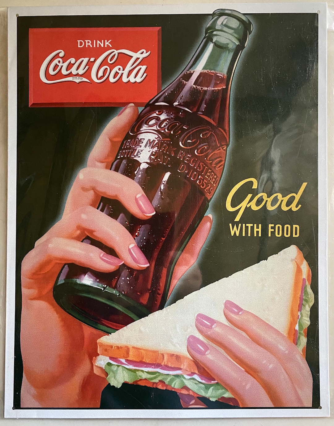 Coca Cola Good With Food - Vintage Embossed Tin Sign - Man Cave Garage ...