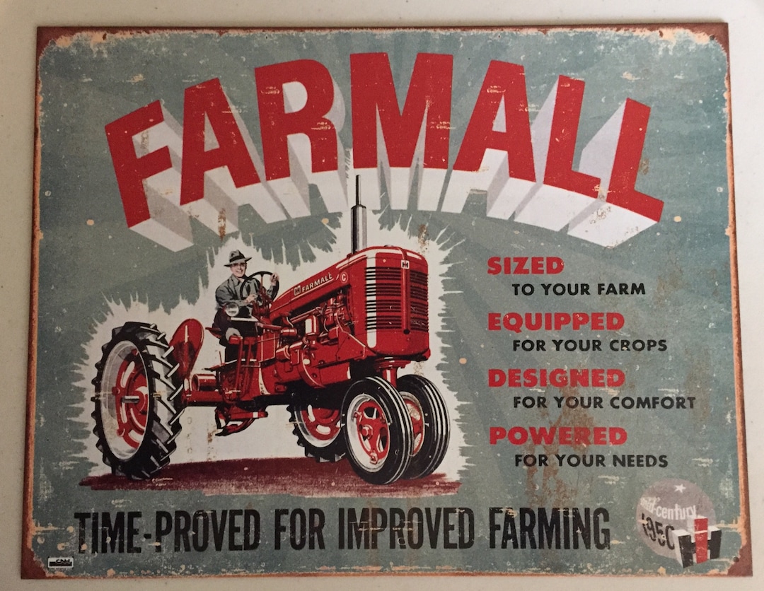 Farmall Tractors Improved Farming - Vintage Tin Sign - Man Cave Garage ...
