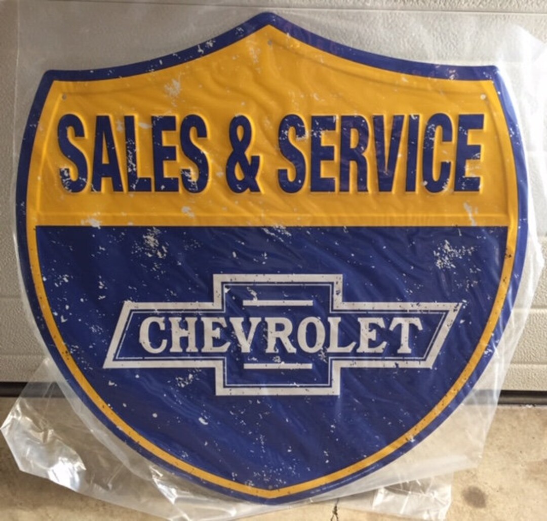 Huge 24” Chevrolet Sales & Service Shield Sign - Garage Vintage Tin ...